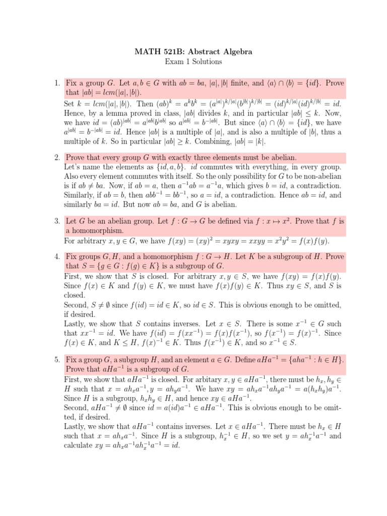 Exam 1 Solutions | PDF | Group (Mathematics) | Algebra