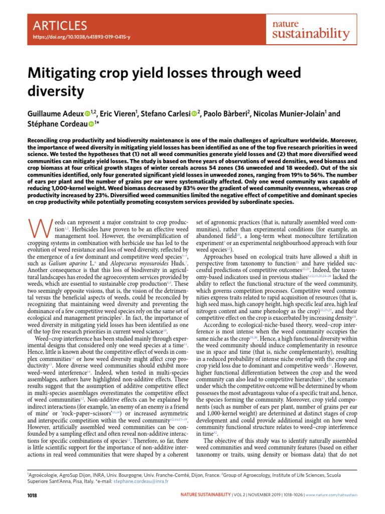 Mitigating Crop Yield Losses Through Weed Diversity: Articles | PDF ...
