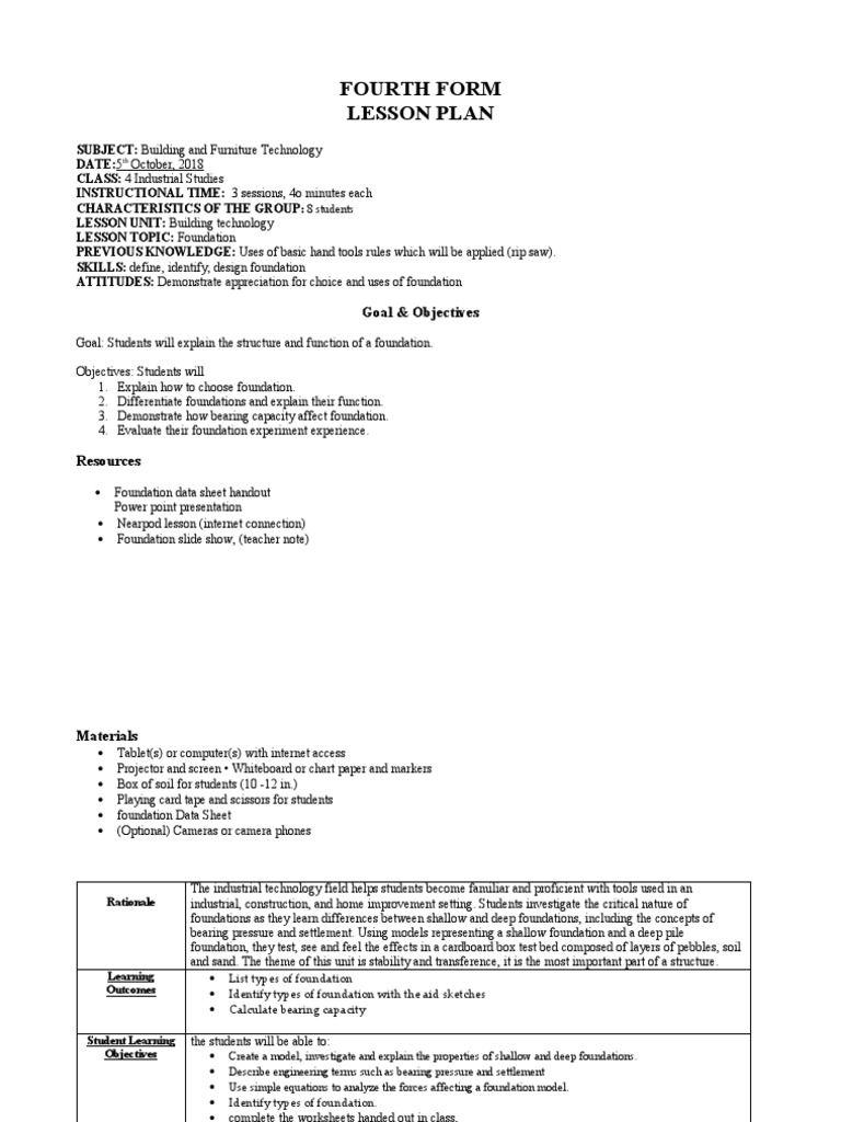 FOURTH FORM Foundation Lesson Plan | PDF | Teachers | Lesson Plan