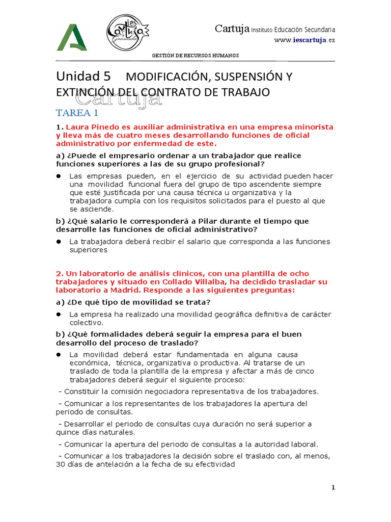 Tarea 1 - U5 - Modificación y Suspensión | PDF | Salario | Gestión de recursos humanos