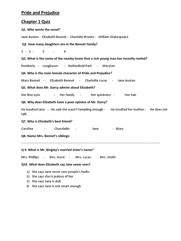 Pride and Prejudice Chapter 1 Quiz | PDF
