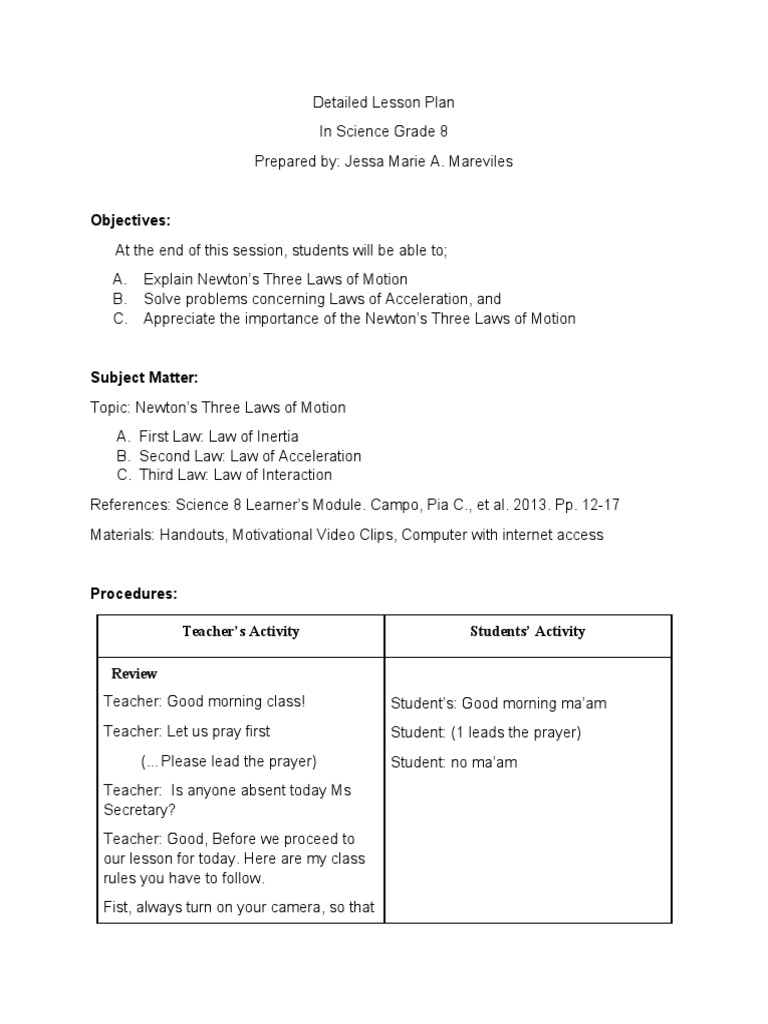 Detailed Lesson Plan | PDF | Force | Newton's Laws Of Motion