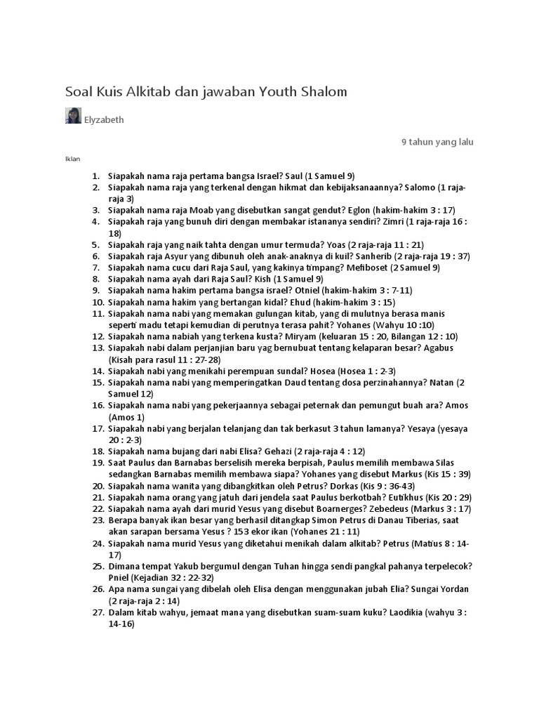 Soal Kuis Alkitab Dan Jawaban Youth Shalom: My Notes | PDF