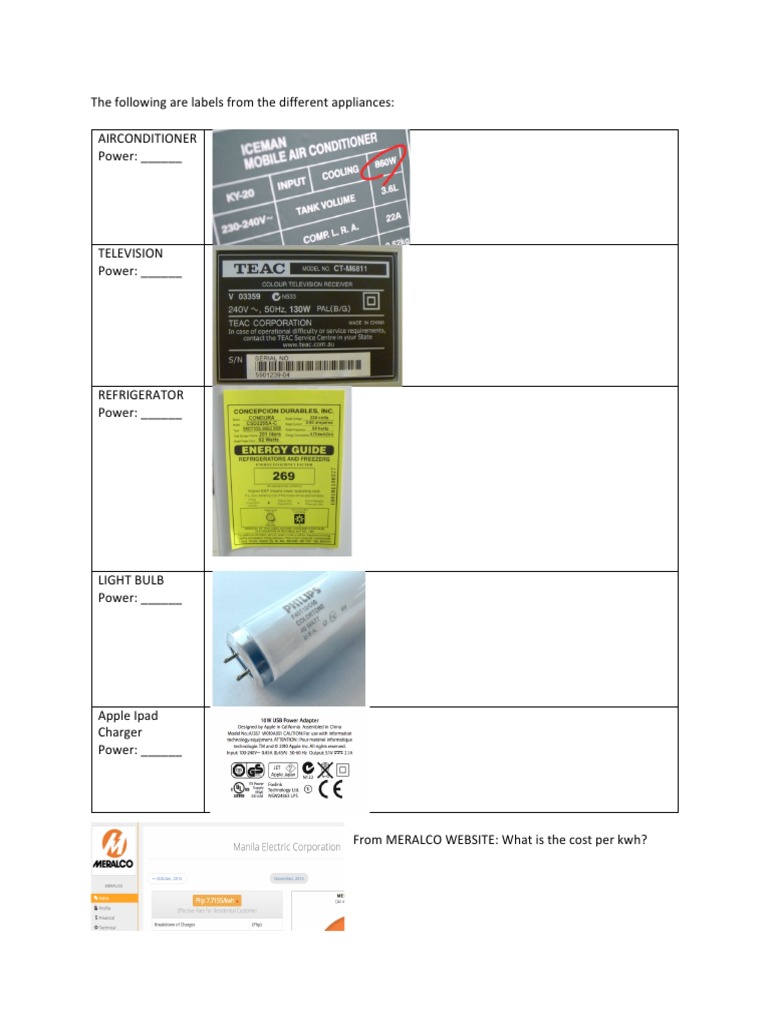 Electric Cost Labels From The Different Appliances | PDF | Technology ...