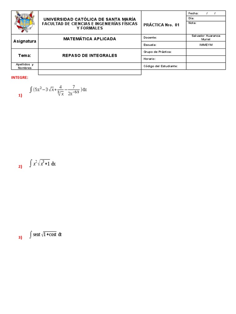 Práctica 01 Repaso de Integrales | PDF