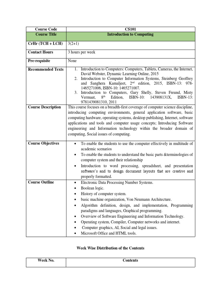 Course Code CS101 Course Title Introduction To Computing CRHR (TCH + LCH) Contact Hours Pre ...
