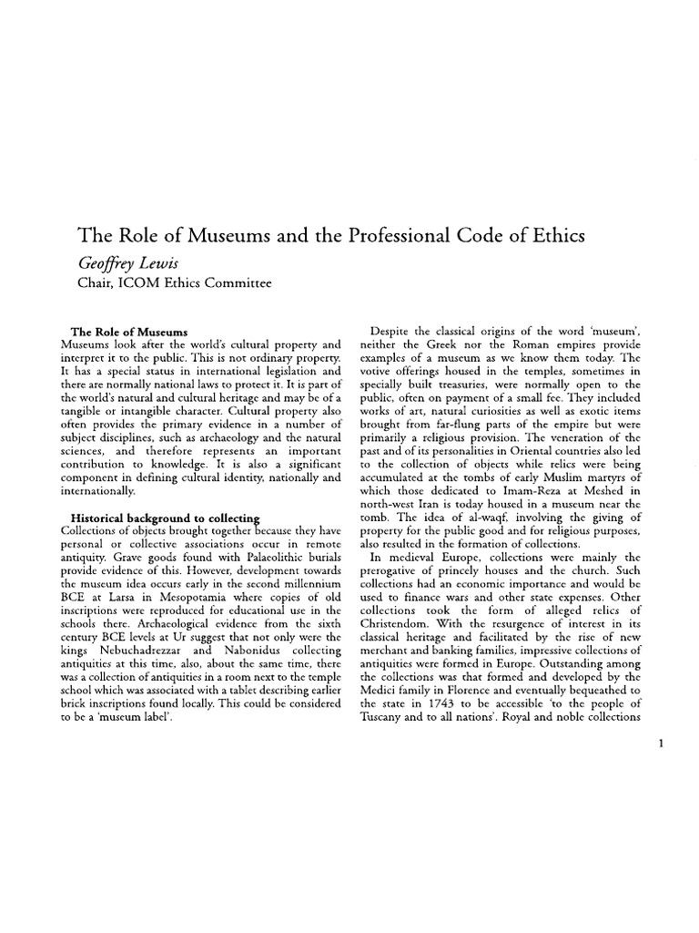 Role of Museums and The Professional Code of Ethics | PDF