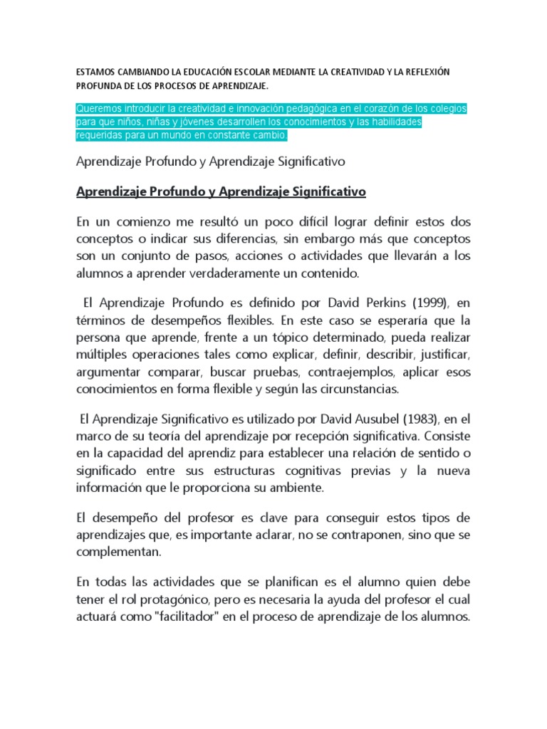 Aprendizaje Significativo - Aprendizaje Profundo. | PDF | Aprendizaje | Maestros