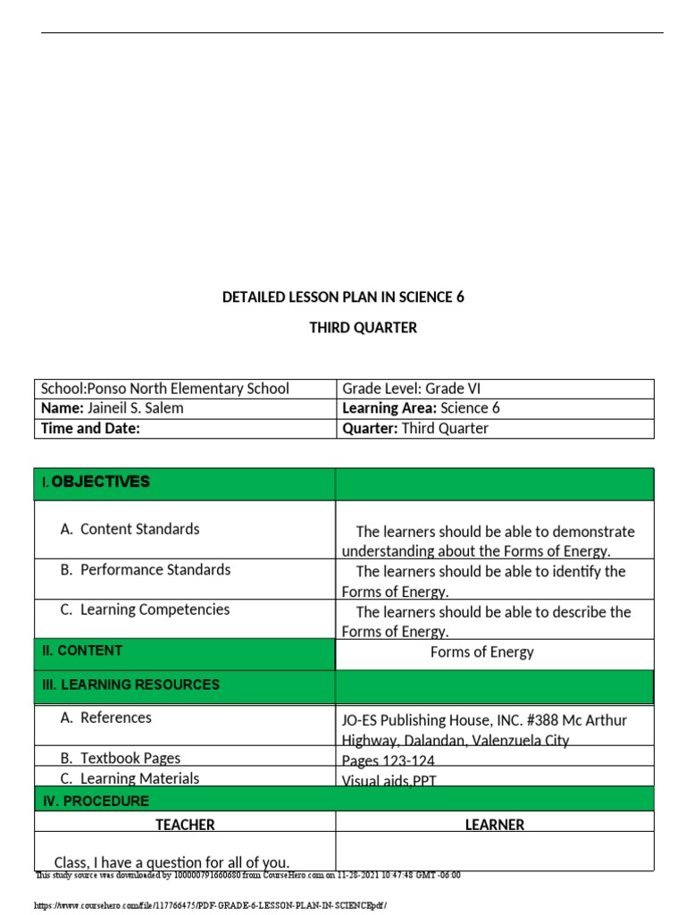 Detailed Lesson Plan in Science 6 Third Quarter | PDF | Teachers ...
