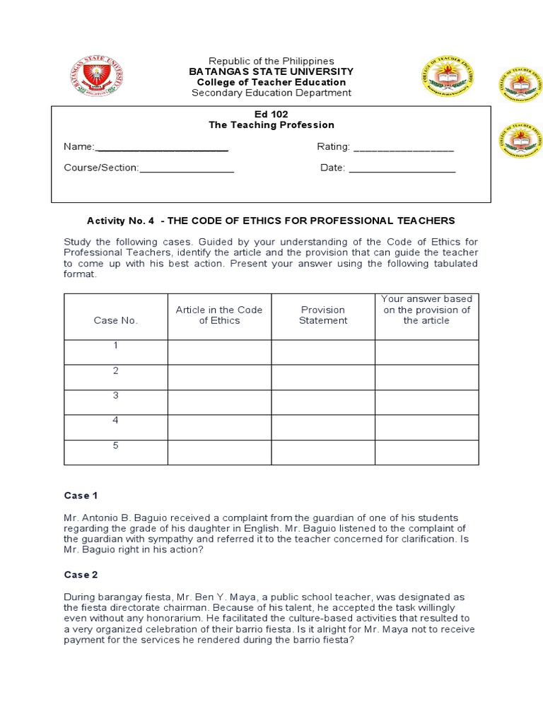 Activity No. 4 - CODE OF ETHICS | PDF | Teachers