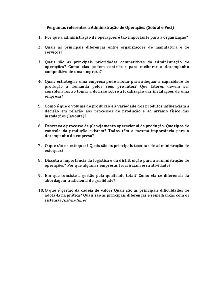 Aula 11 - Administração de Operações Perguntas | PDF