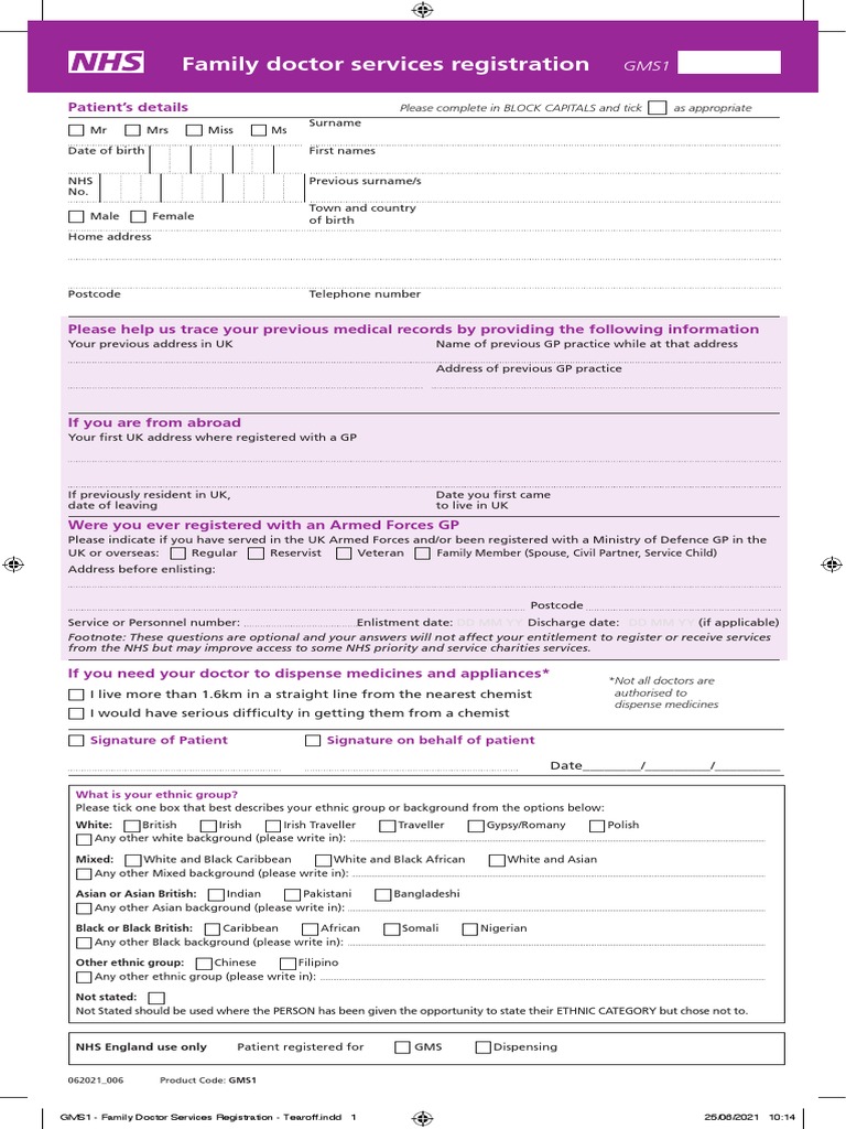 GMS1 Family Doctor Services Registration Form | PDF | National Health Service | General Practitioner