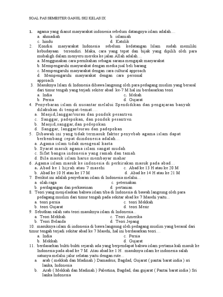 SOAL PAS SKI KELAS IX MTs SEM 1 | PDF