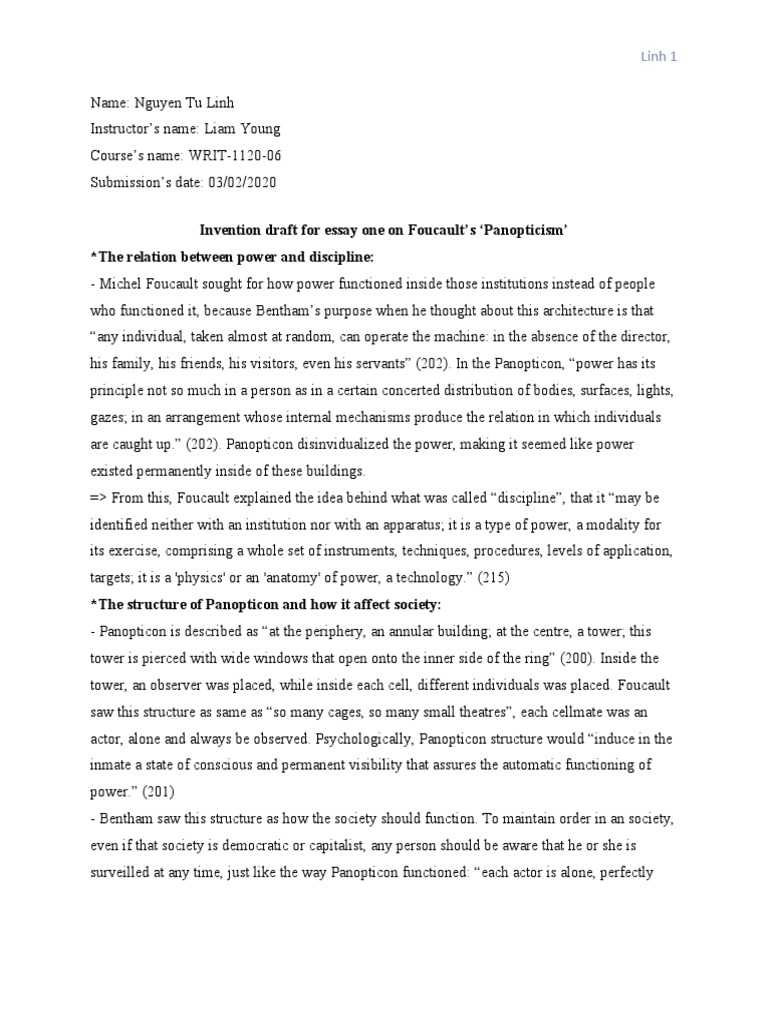 Invention Draft For Essay One On Foucault's Panopticism' | PDF
