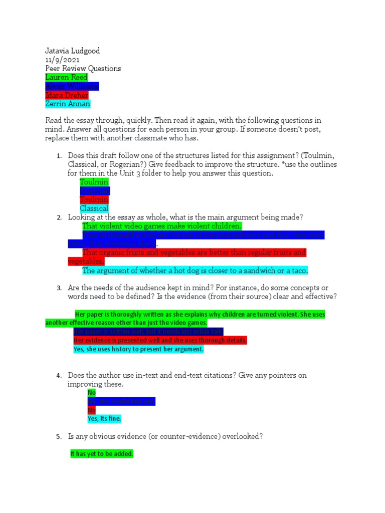 Peer Review Feedback for Essays | PDF | Argument | Cognition
