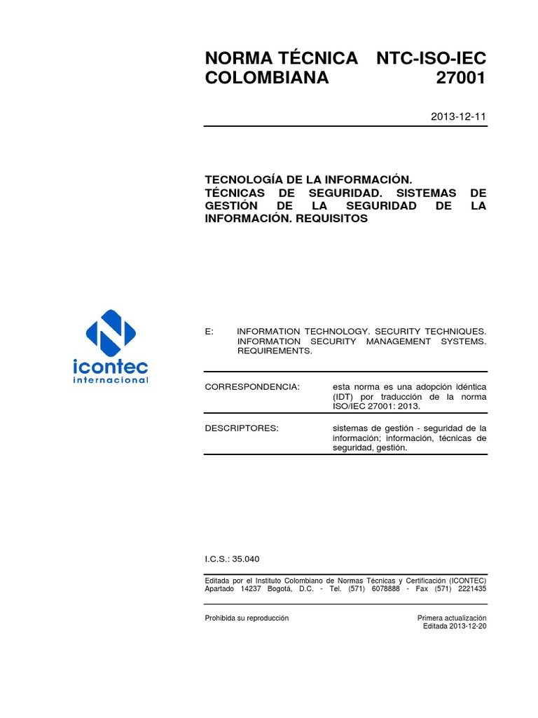 Norma Tecnica NTC Iso Iec Colombiana 270 | PDF | Seguridad de información | Planificación