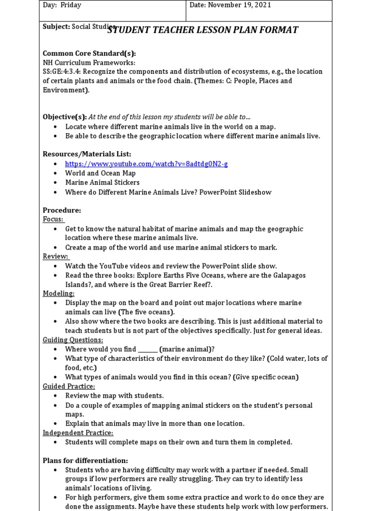 Social Studies 3rd Grade Marine Life Lesson Plan | PDF | Lesson Plan ...