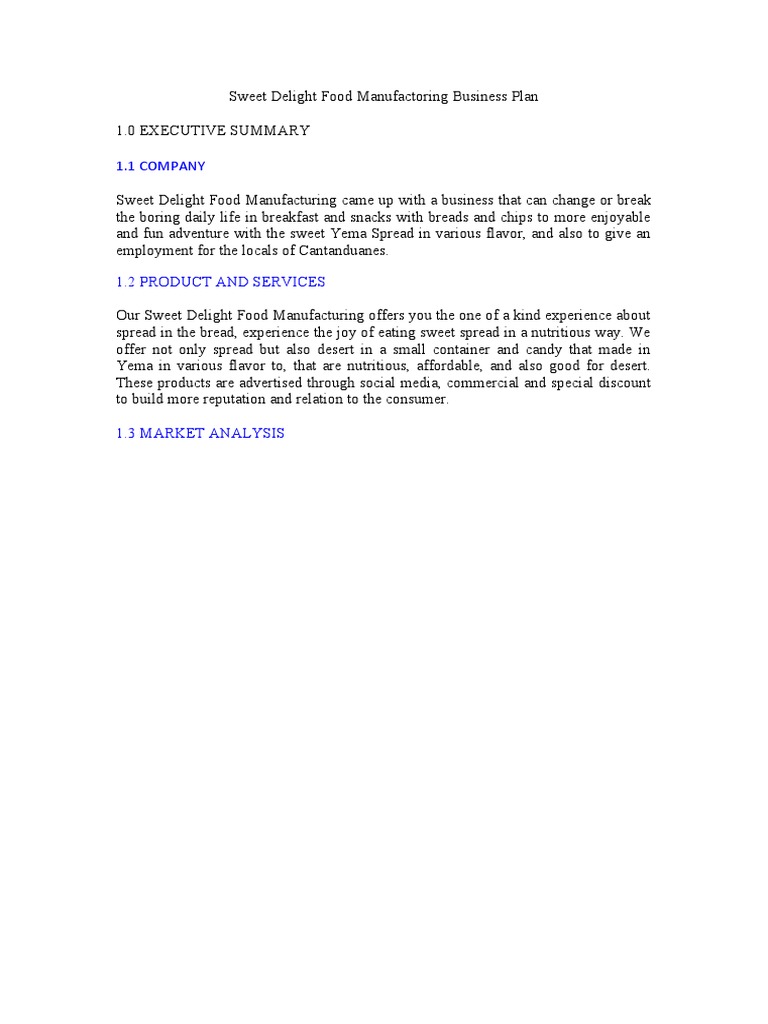 Sweet Delight Food Manufactoring Business Plan | PDF