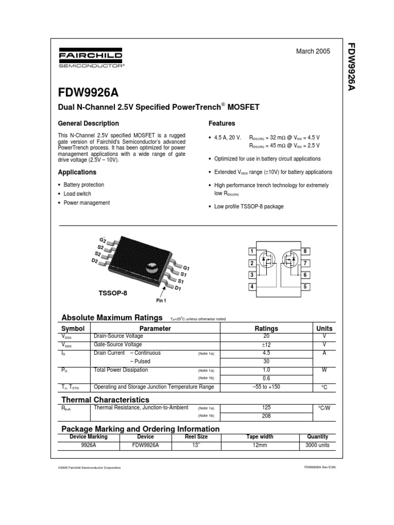 Fdw9926A: Dual N-Channel 2.5V Specified Powertrench Mosfet | PDF | Field Effect Transistor | Mosfet