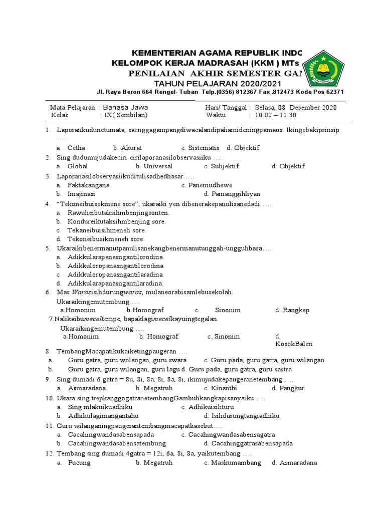 Soal B.jawa KLS 9 | PDF