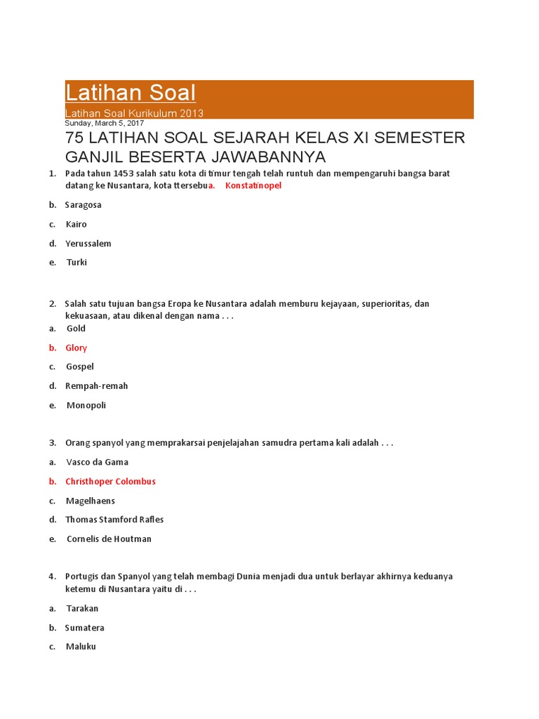 Latihan Soal: 75 Latihan Soal Sejarah Kelas Xi Semester Ganjil Beserta Jawabannya | PDF | Perjalanan