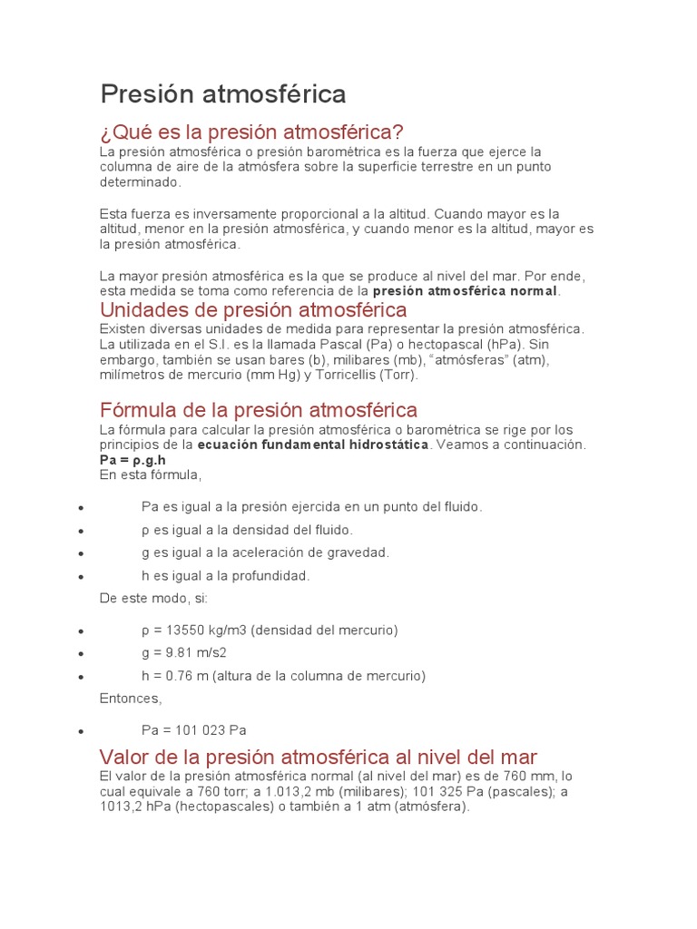 Presión Atmosférica: Conceptos y Unidades | PDF | Presión | Presión ...