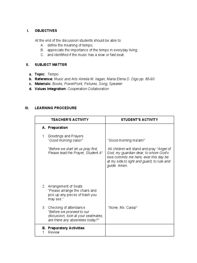 Lesson Plan (Music) | PDF | Tempo | Cognition