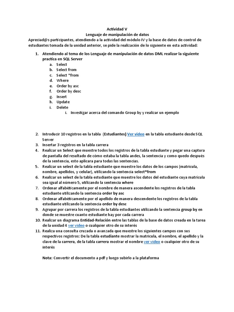 Actividad 5 DML | PDF | SQL | Gestión de tecnología de la información