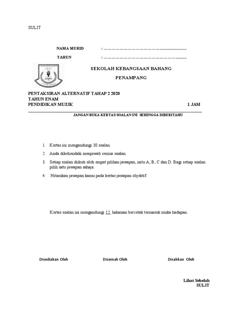 Muka Depan Soalan Kertas Muzik | PDF