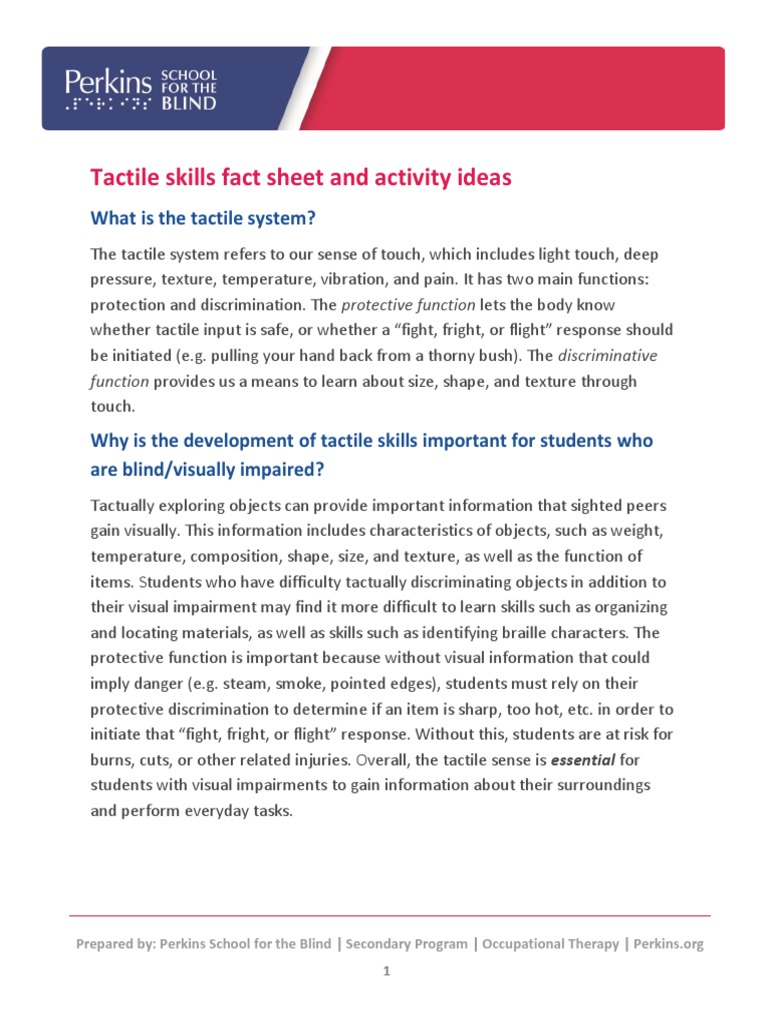 Tactile Skills Fact Sheet and Activity Ideas | PDF | Somatosensory ...