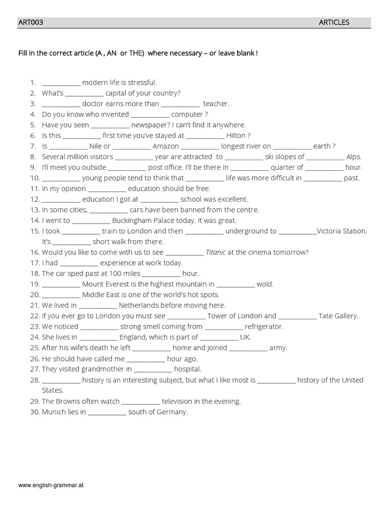 ART003 - Definite and Indefinite Articles - English Grammar Worksheets ...