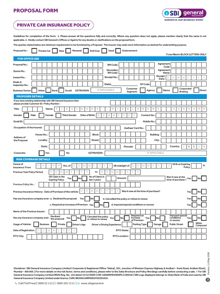 Proposal Form: Private Car Insurance Policy | PDF | Insurance | Deductible