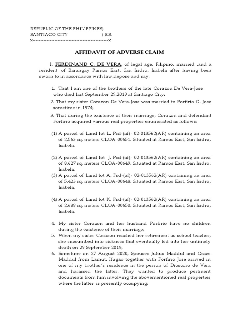 Affidavit of Adverse Claim | PDF | Intestacy | Property Law