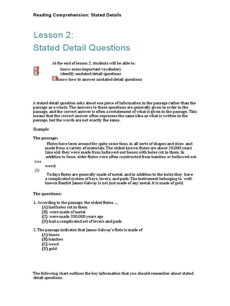 Lesson 2: Stated Detail Questions: Reading Comprehension: Stated ...
