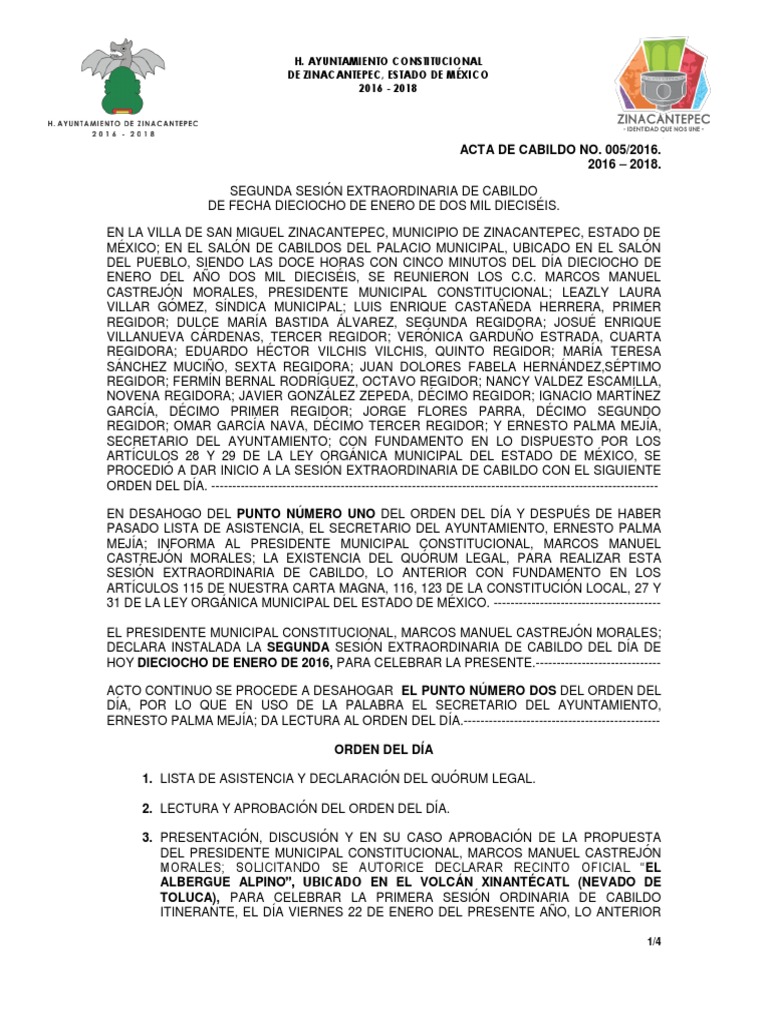 Acta de Cabildo Zinacantepec 2016 | PDF | Gobierno local | México