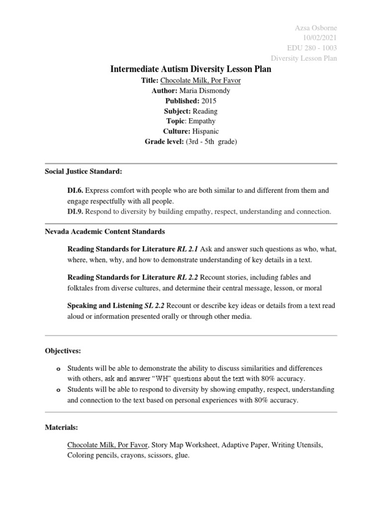 Intermediate Autism Diversity Lesson Plan | PDF | Lesson Plan | Empathy