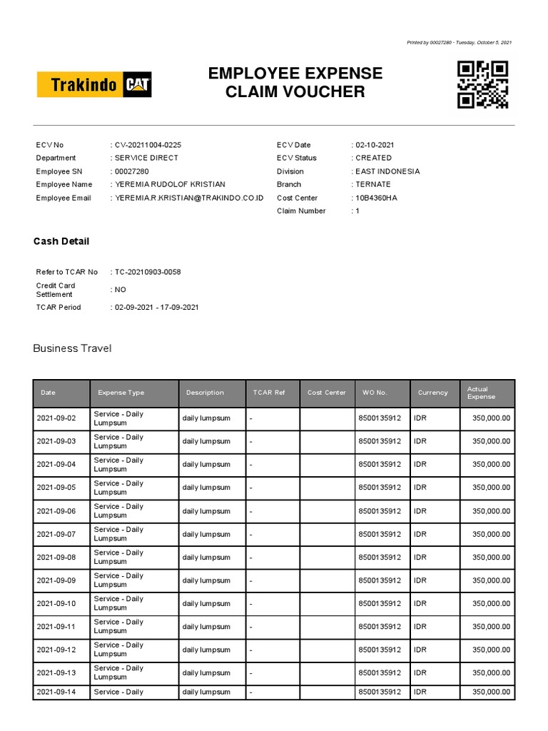 Employee Expense Claim Voucher: Cash Detail | PDF