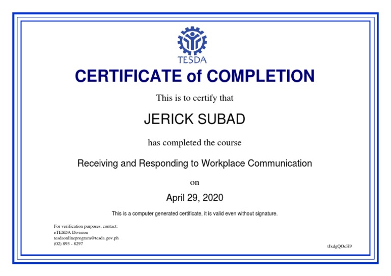 Receiving and Responding To Workplace Communication - Certificate of ...