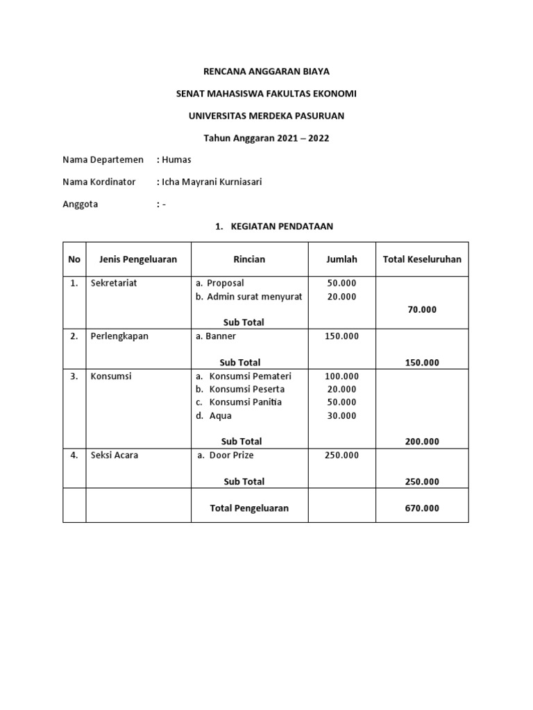 RAB Kegiatan Per Deparetemn HUMAS | PDF