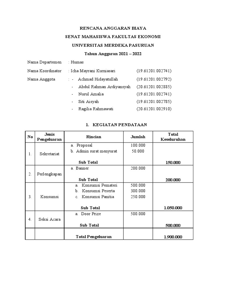 RAB Kegiatan Per Deparetemn HUMAS 2021-2022 | PDF