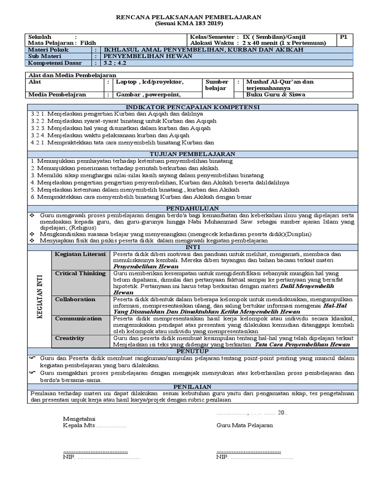 Contoh RPP 1 Lembar (Fiqih) | PDF