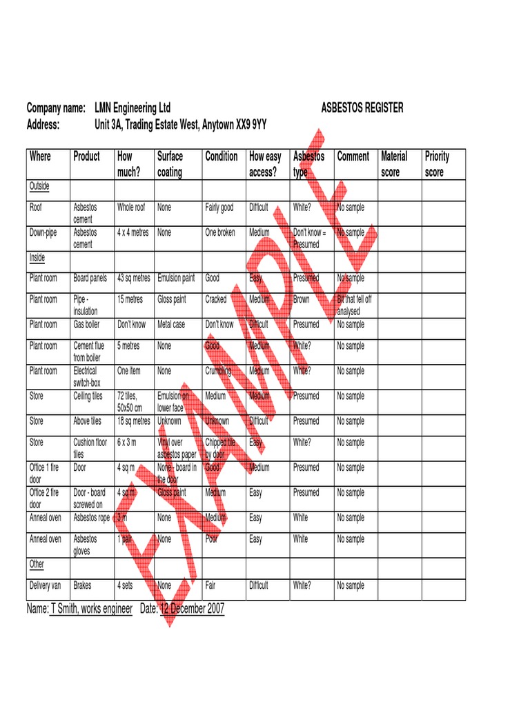 Company Name: LMN Engineering LTD Asbestos Register Address: Unit 3A ...