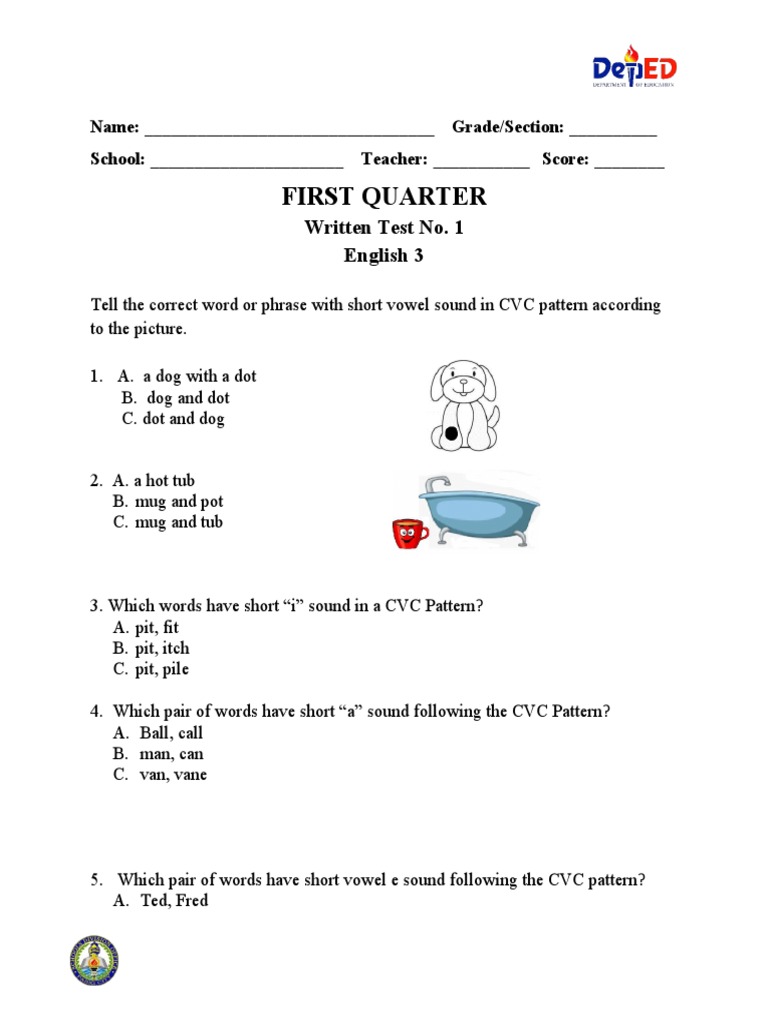 Grade 3 ENGLISH 3 Q1 WRITTEN TEST NO. 1 | PDF