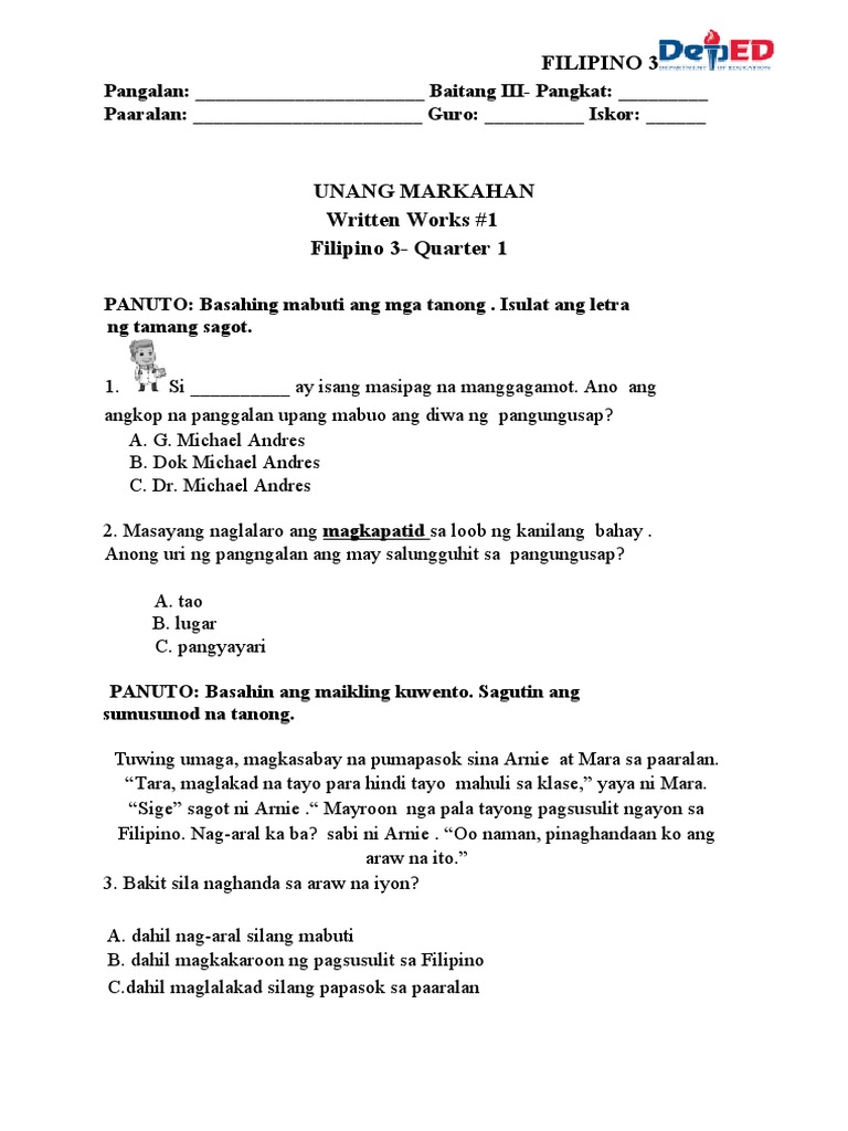 Grade 3 FIL3 - Q1 Written Works 1 | PDF