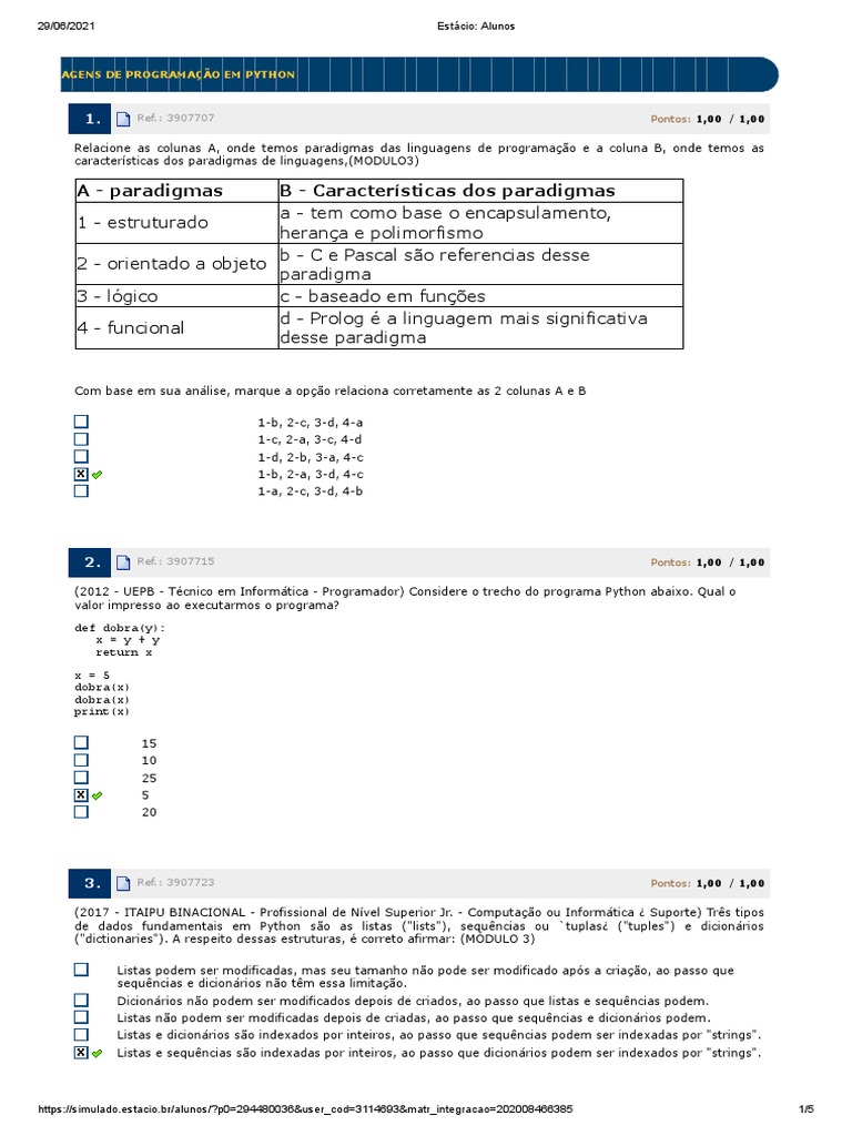 Prova - PARADIGMAS DE LINGUAGENS DE PROGRAMAÇÃO EM PYTHON | PDF ...