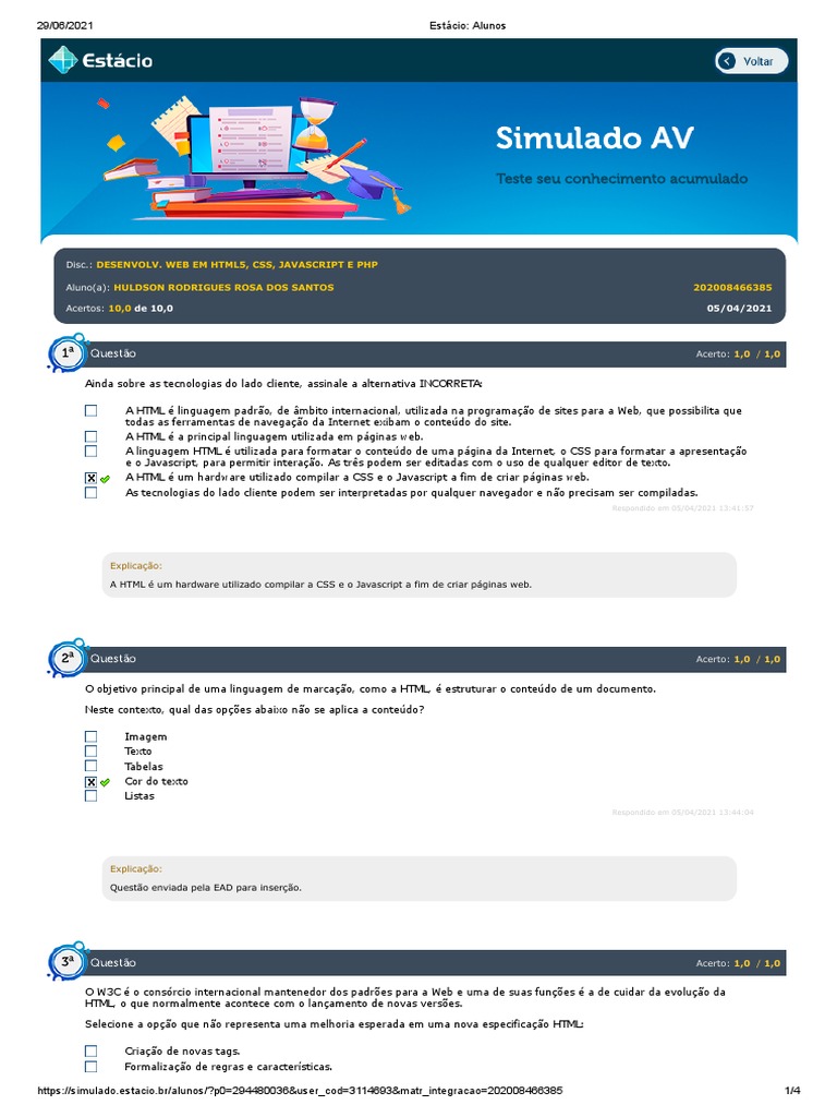 Simulado - DESENVOLV. WEB EM HTML5, CSS, JAVASCRIPT E PHP | PDF | Html | Script Java