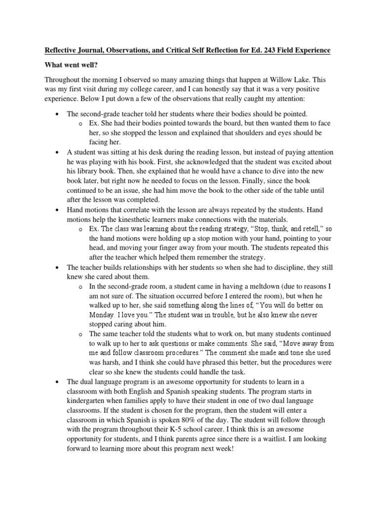 Ed 243 Reflective Journal For Field Experience 1 PDF | PDF | Classroom ...
