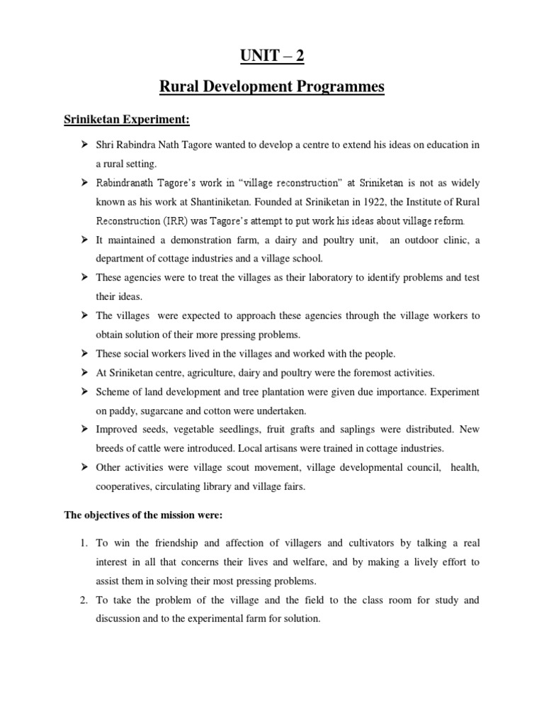 Unit - 2 Rural Development Programmes: Sriniketan Experiment | PDF ...