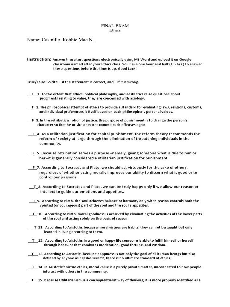 Casinillo Final Exam Objective Ethics 101 | PDF | Utilitarianism | Morality