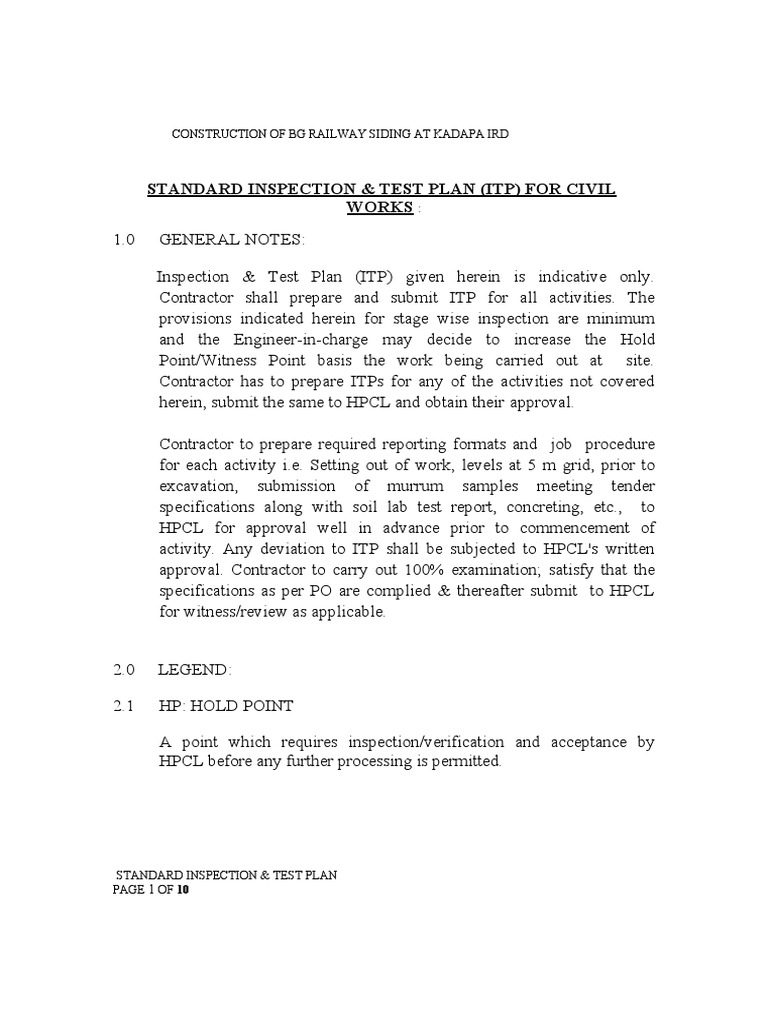 Standard Inspection Test Plan Itp For Civil Works | PDF | Concrete ...